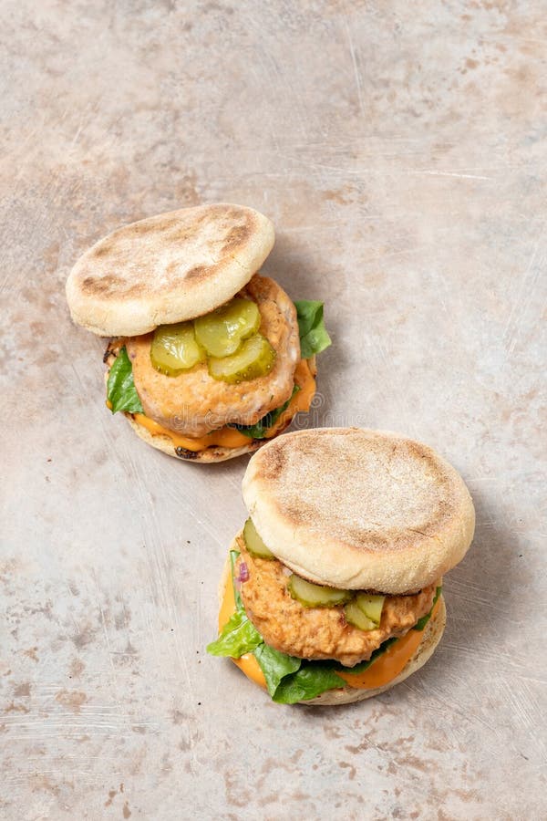 Salmon Fishburger on English Muffin Stock Photo - Image of seafood ...