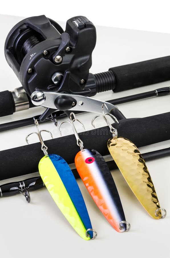 Salmon Fishing Set in Vertical View Stock Image - Image of fish, gear ...