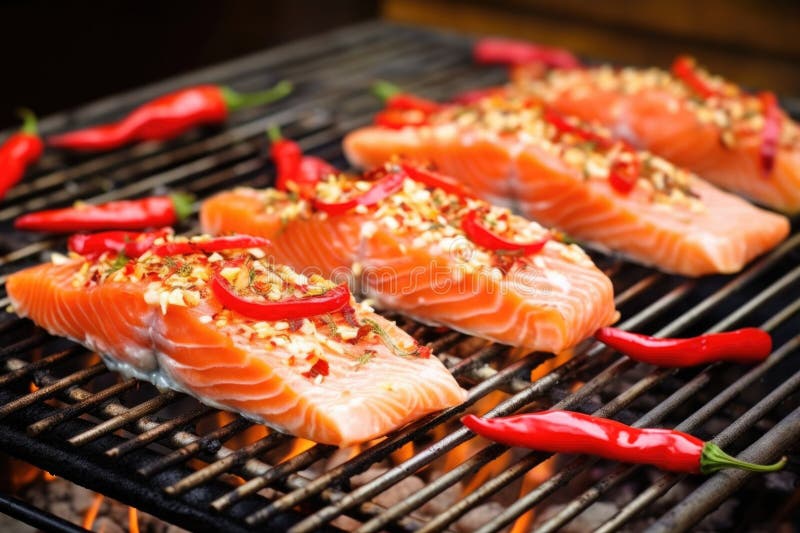 Salmon on Grill Rack with Red Chili Sprinkled on it Stock Photo - Image ...