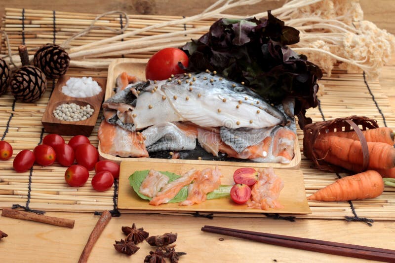 Salmon Head for Cooking and Fresh Salmon Fillets . Stock Photo - Image ...