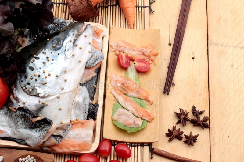 Salmon Head for Cooking and Fresh Salmon Fillets . Stock Image - Image ...