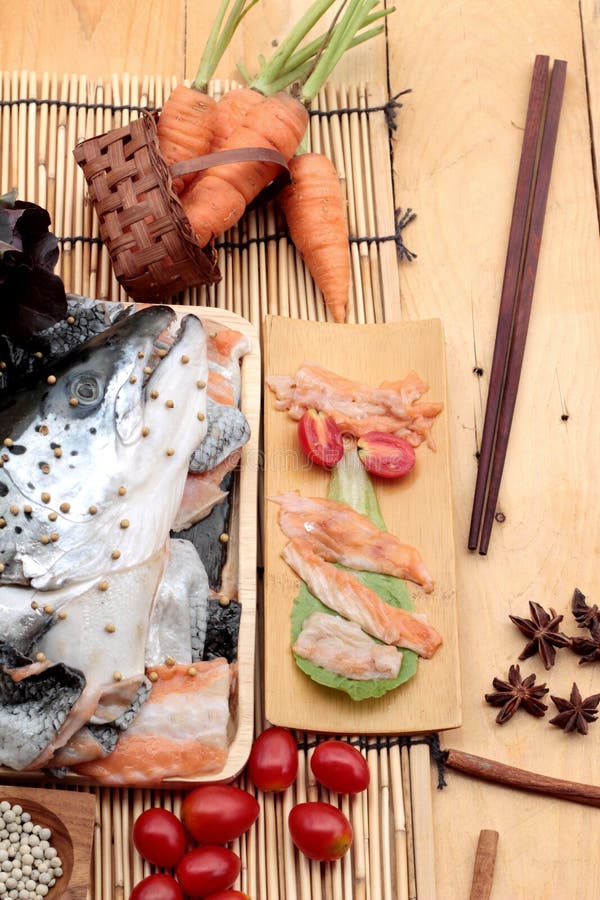 Salmon Head for Cooking and Fresh Salmon Fillets . Stock Photo - Image ...