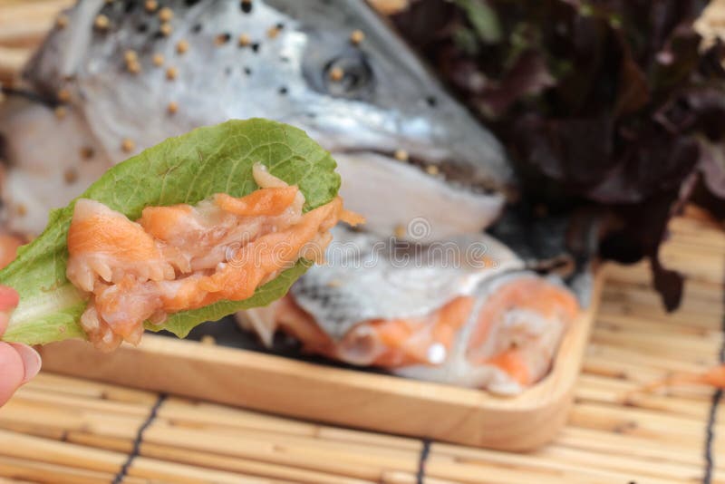 Salmon Head for Cooking and Fresh Salmon Fillets . Stock Photo - Image ...