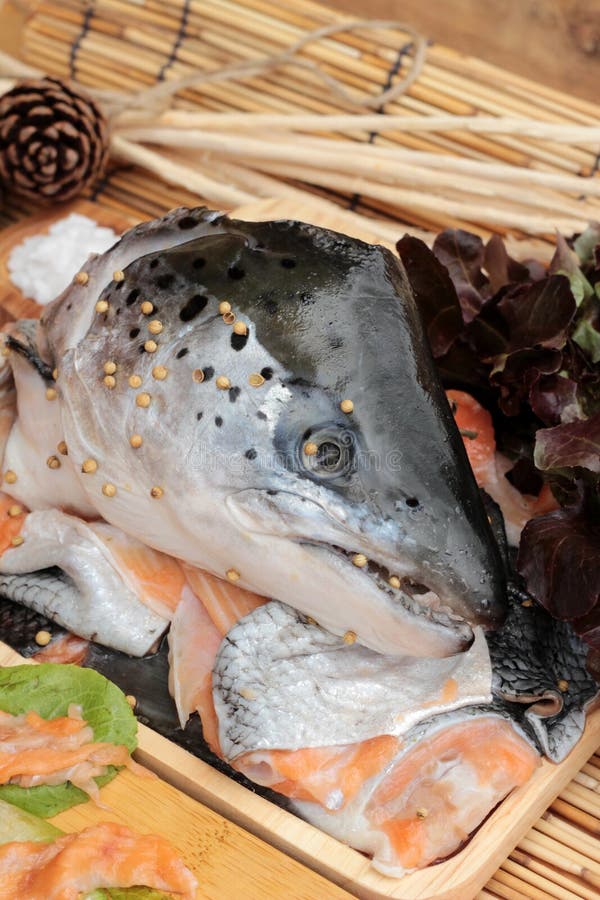Salmon Head for Cooking and Fresh Salmon Fillets . Stock Photo - Image ...