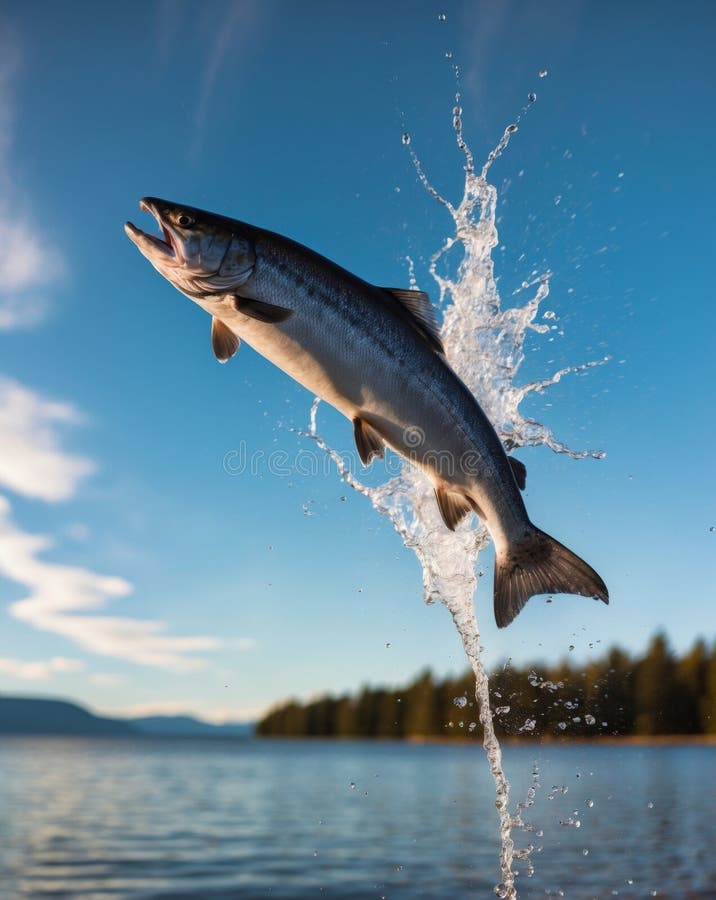 Salmon is Jumping Out of Water with Water Splash at the Sunny Lake ...