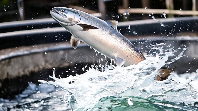 A Salmon Jumps Dramatically from the Water, Creating Splashes in a Fish ...