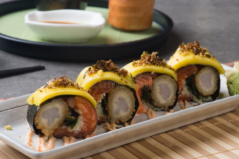 Salmon mango roll sushi stock image. Image of dinner - 118841719