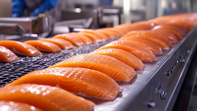 Salmon Manufacturing Process Closeup Shot of Fresh Salmon Production ...
