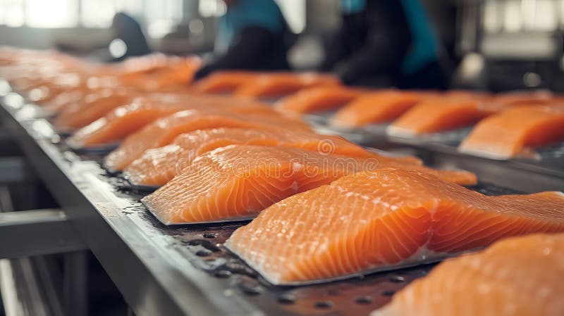 Salmon Manufacturing Process Closeup Shot of Fresh Salmon Production ...
