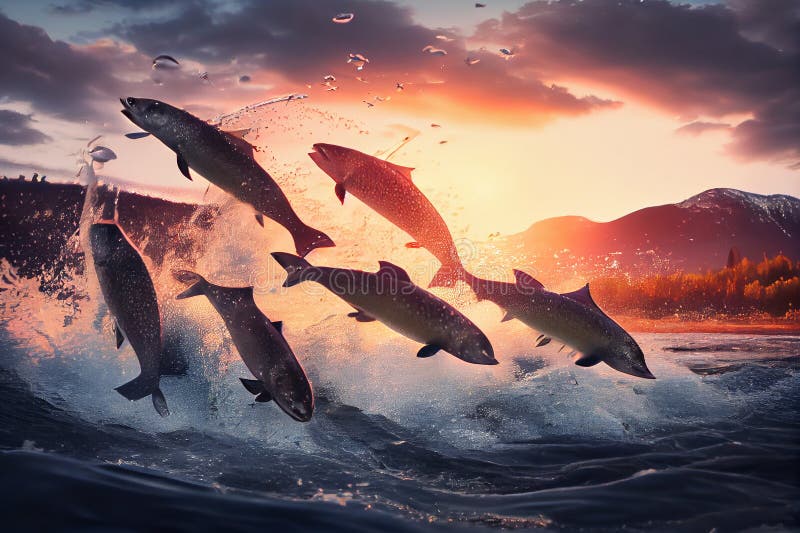 Salmon Migration at Sunset. AI Generated Stock Illustration ...