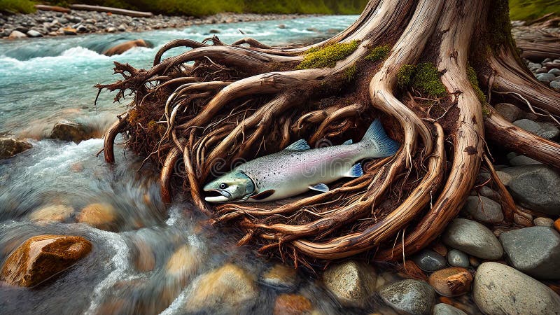 Salmon Nestled among Exposed Tree Roots Along a Riverbank Stock ...