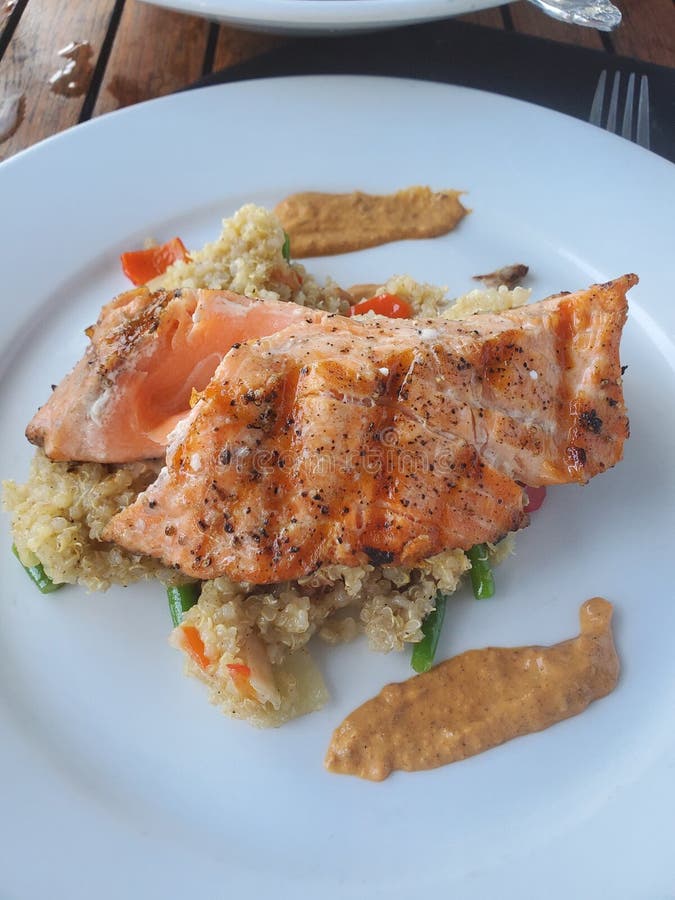 Salmon over rice stock image. Image of fish, salmon - 213684975