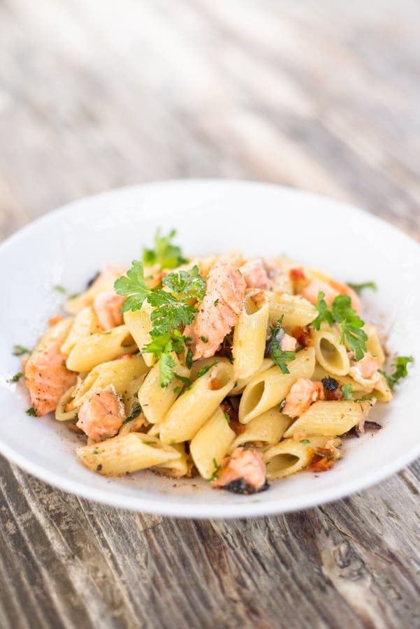Salmon Pasta Dish stock photo. Image of fish, rigate - 103613396