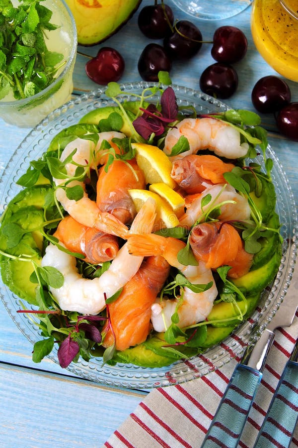 Salmon and Prawn Summer Salad with Avocado Top View, Vertical Stock ...