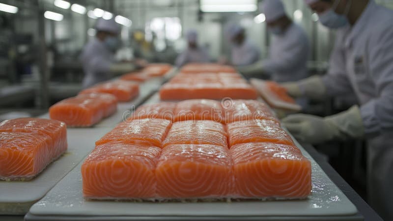 Salmon Processing Plant with Workers Handling Fresh Cuts of Fish Stock ...