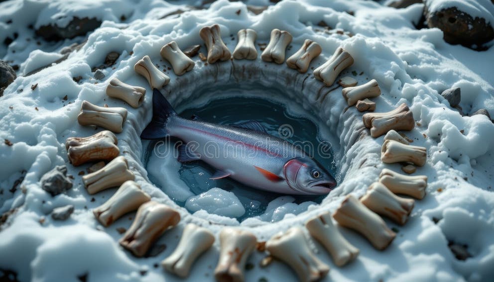 A Salmon Resting Inside an Icy Ring of Bones from Ancient Generations ...