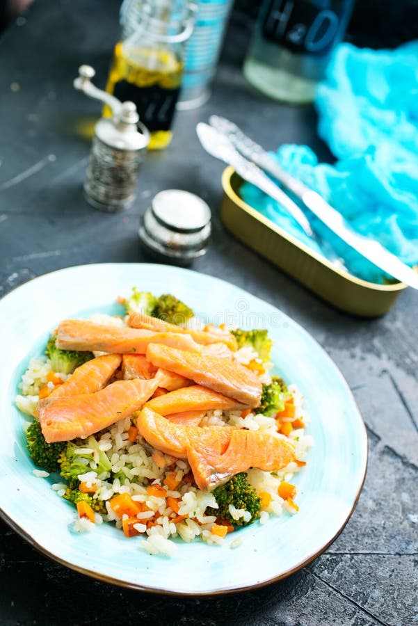 Salmon and Rice with Broccoli Stock Photo - Image of food, grilled ...