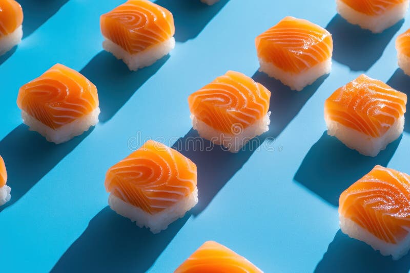 Salmon and Rice Sushi Cubes on Blue Stock Illustration - Illustration ...