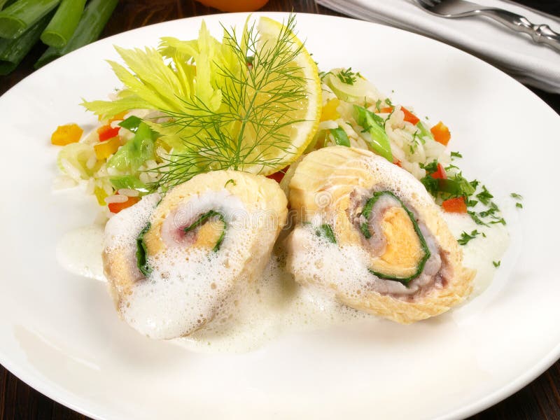 Salmon Rolls - Fish Fillet with Rice and Vegetables Stock Image - Image ...