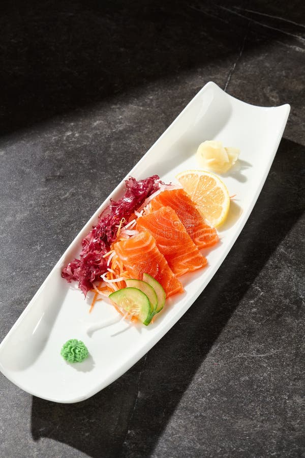 Salmon Sashimi in Bright Lighting, Overhead Composition on a ...