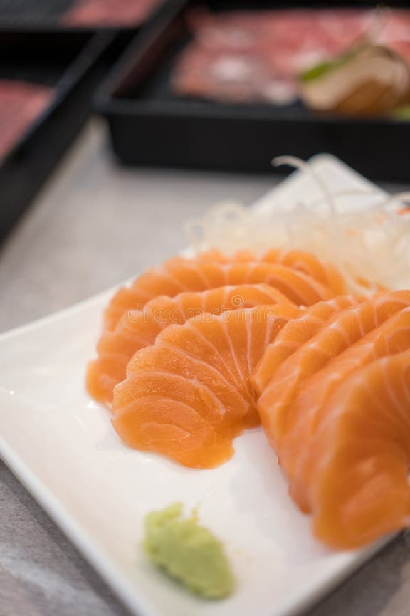 Salmon Sashimi in Japanese Buffet Restaurant Menu Stock Image - Image ...