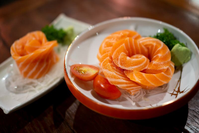 Salmon Sashimi Serve on Flower Shape Stock Photo - Image of closeup ...