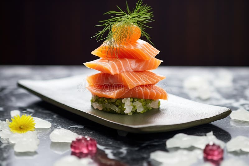 Salmon Sashimi Tower on a Slate with Dill Sprigs, Elegance Stock Image ...