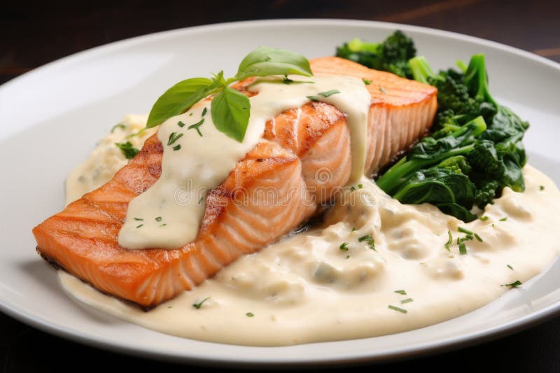 Salmon with sauce on plate stock photo. Image of healthy - 300109324