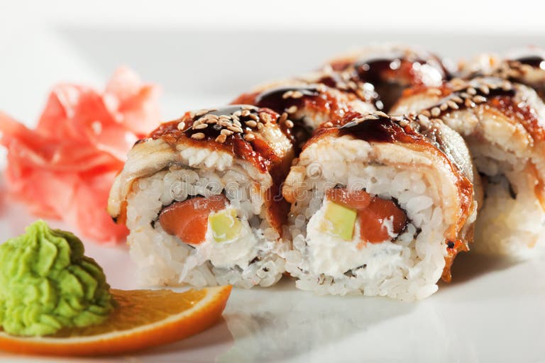 Salmon and Smoked Eel Maki Sushi Stock Image - Image of delicious ...