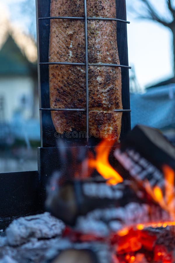 Salmon is Smoked on Open Fire Stock Photo - Image of fried, roast ...