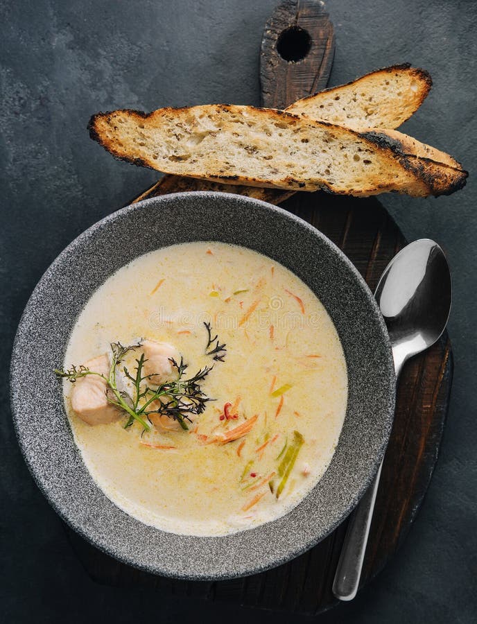 Salmon Soup. Creamy Hearty Salmon Fish Soup Stock Image - Image of leek ...