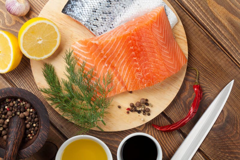 Salmon, Spices and Condiments Stock Photo - Image of natural, cuisine ...