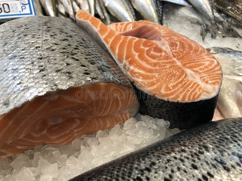 Salmon Steak and Fish on the Market Stock Image - Image of food ...