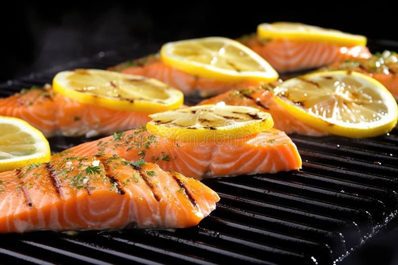 Salmon Steak on Grill with Lemon Slices Stock Photo - Image of ...
