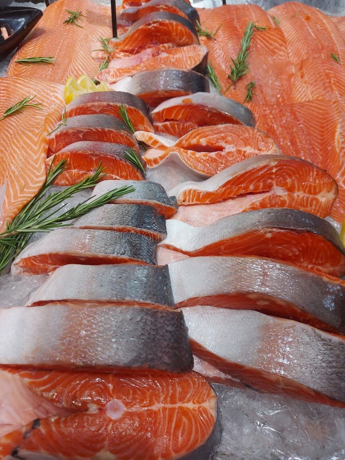 Salmon Steak on Ice. Chilled Fish on the Counter Stock Image - Image of ...