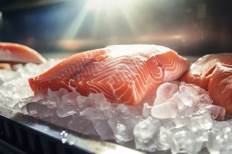 Salmon Steak on Ice. Chilled Fish at a Fish Processing Plant. Ice and ...
