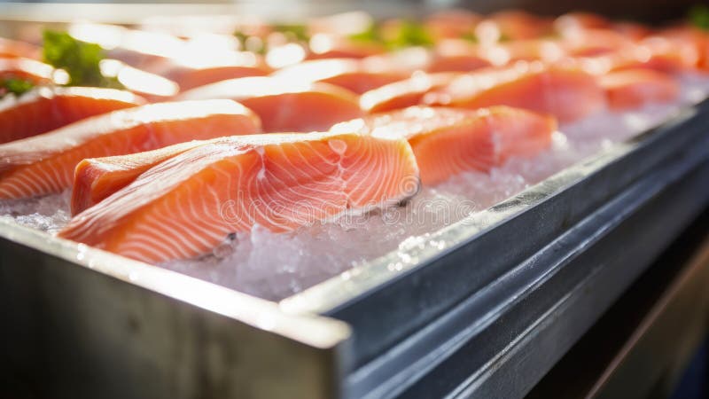 Salmon Steak on Ice. Chilled Fish at a Fish Processing Plant. Ice and ...