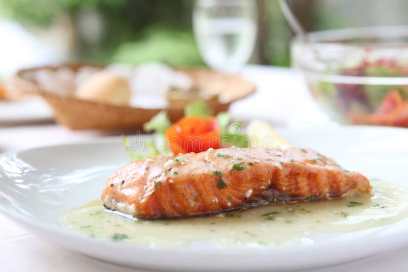 Salmon Steak with Lemon Sauce Stock Photo - Image of healthy, vegetable ...