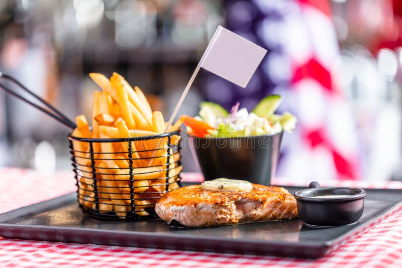 Salmon Steak With Salad And French Fries In American Restaurant Stock Image Image Of Vegetable