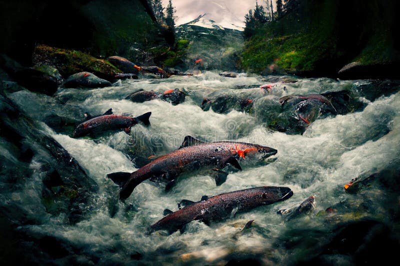 Salmon in the Stream. Drawing of Spawning Fireworks in a Stream Stock ...