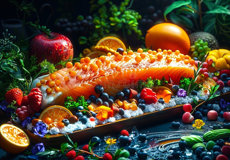 A Salmon is Surrounded by Fruits and Vegetables Stock Photo - Image of ...