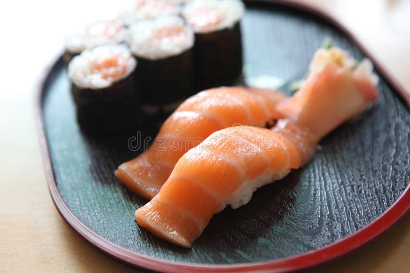 Salmon Sushi, Japanese Food Stock Image - Image of gourmet, chopsticks ...