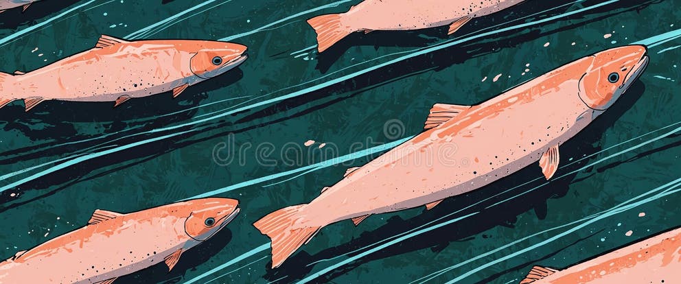 Salmon Swimming on the Surface of Fish Farm Fish Illustrations. Stock ...
