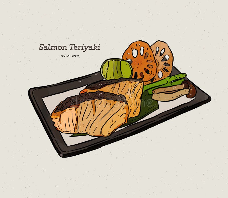 Salmon Teriyaki, Japans Eten Handtekeningsschetsvector Vector ...