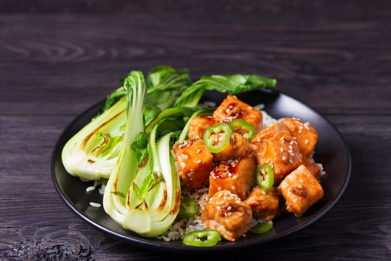 Salmon Teriyaki with Pak Choi and Rice. Stock Image - Image of food ...