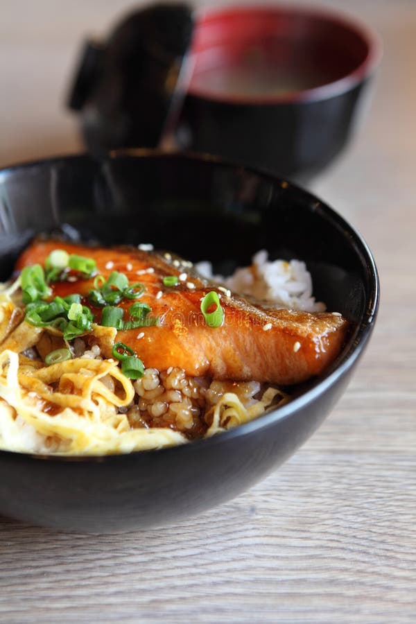Salmon teriyaki on rice stock photo. Image of fish, dish - 141568928