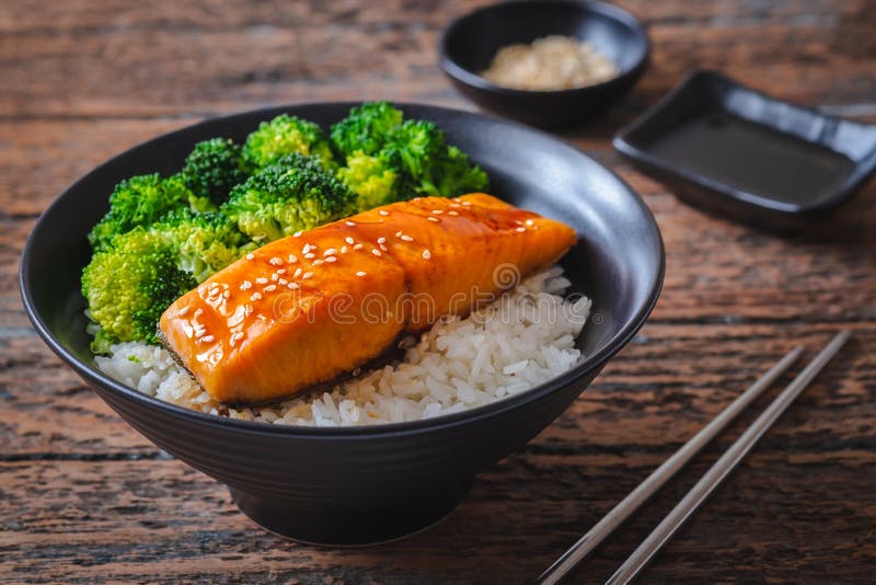 Salmon Teriyaki with Rice and Vegetable in Bowl Stock Photo - Image of ...