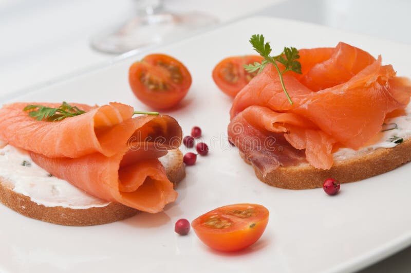 Salmon toast presentation stock image. Image of plate - 48457001