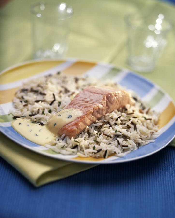 Salmon with wild rice stock photo. Image of lemon, vertical - 7774742