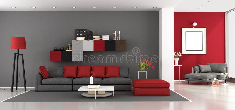 Salon Moderne Rouge Et Gris Illustration Stock - Illustration du noir ...